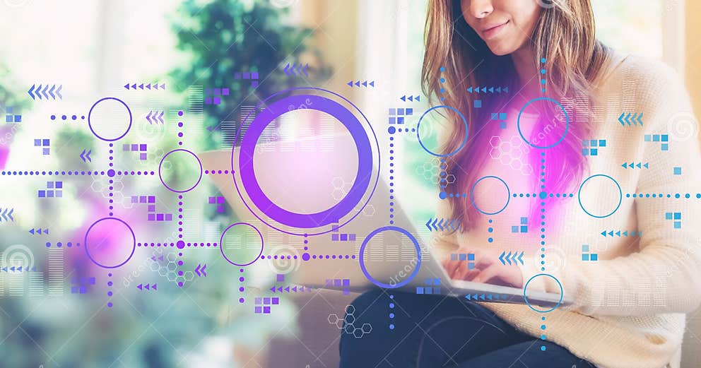 Digital Graphs and Hexagon Grids with Woman Using a Laptop Stock Image ...