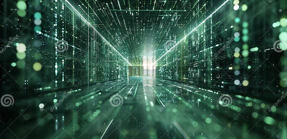 Digital Green Corridor of Binary Code with Bright Light at the End ...