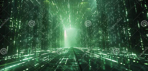 Digital Green Corridor of Binary Code with Bright Light at the End ...