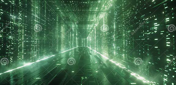 Digital Green Corridor of Binary Code with Bright Light at the End ...