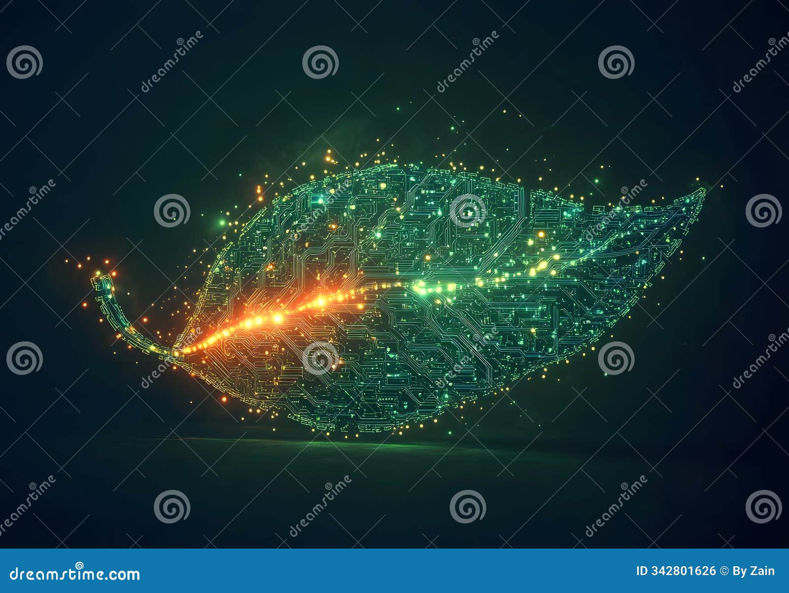 Digital Green Leaf with Glowing Circuitry Light Effects Symbolizing Eco ...