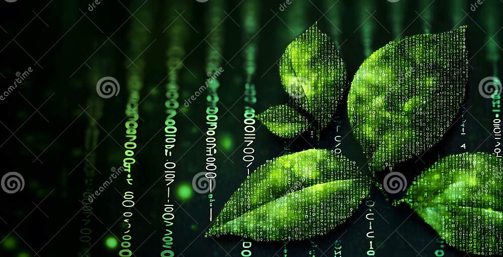 Digital Green Technology Concept with Leaves and Binary Code ...