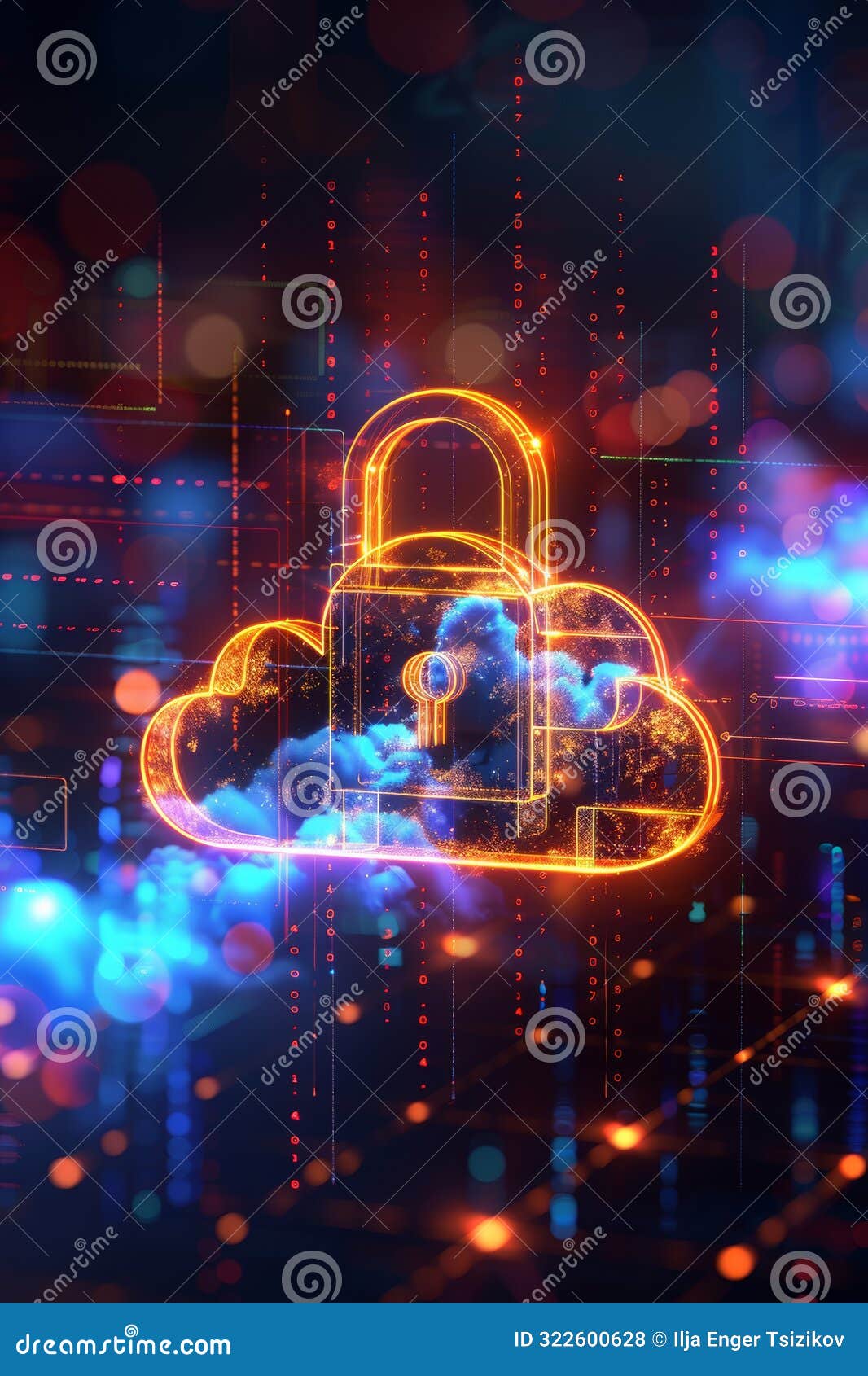 Digital Grid Background with Lock Icon in Translucent Cloud on Neon ...