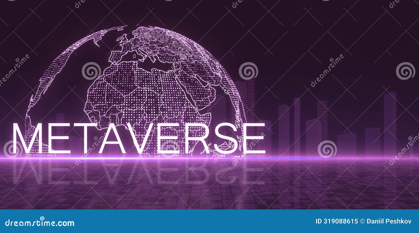 Digital Grid Globe with Skyscraper Silhouettes and METAVERSE Text, Neon ...