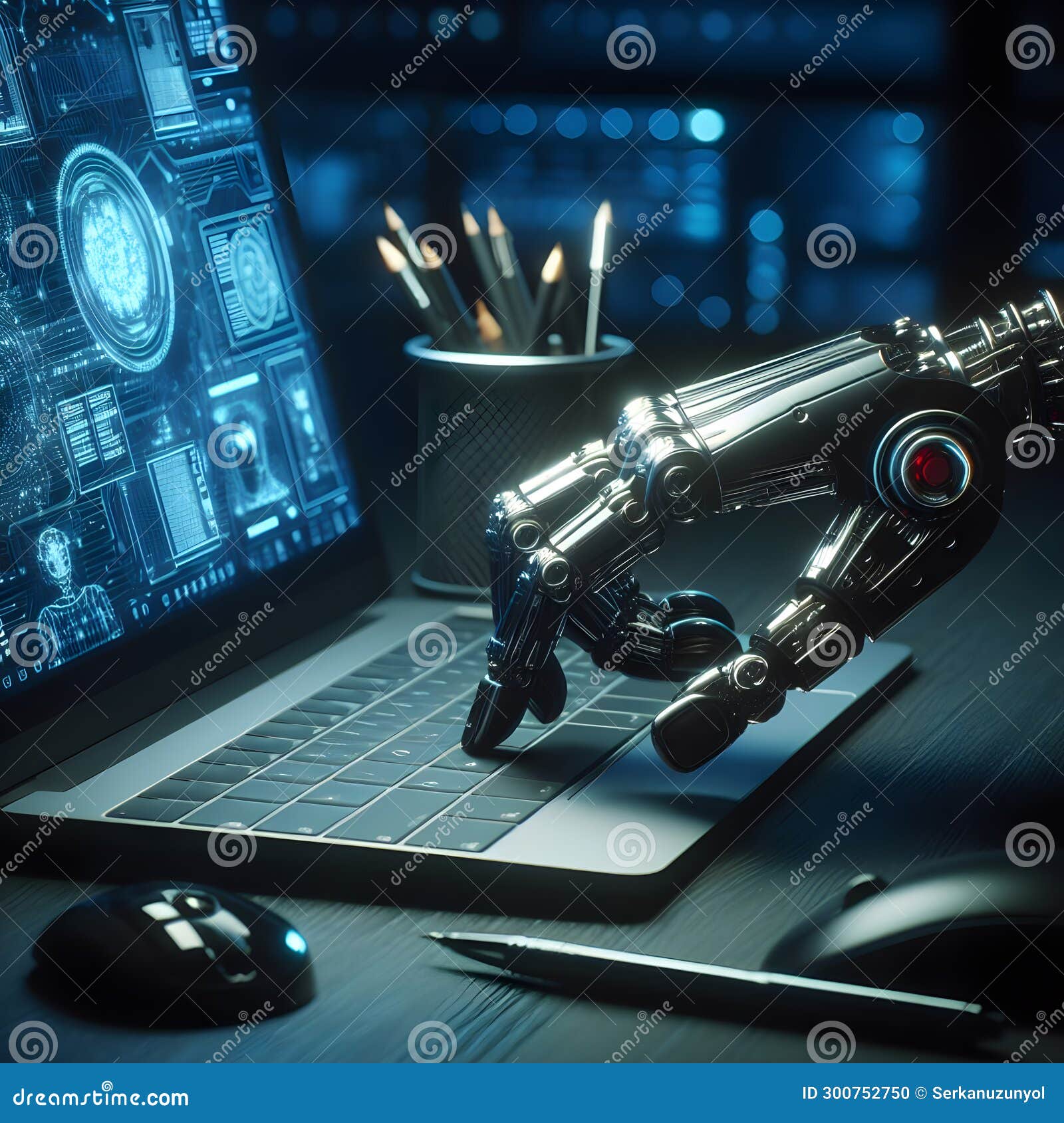 Digital Hacker Robot Is Working On Computers Cyberspace Network And