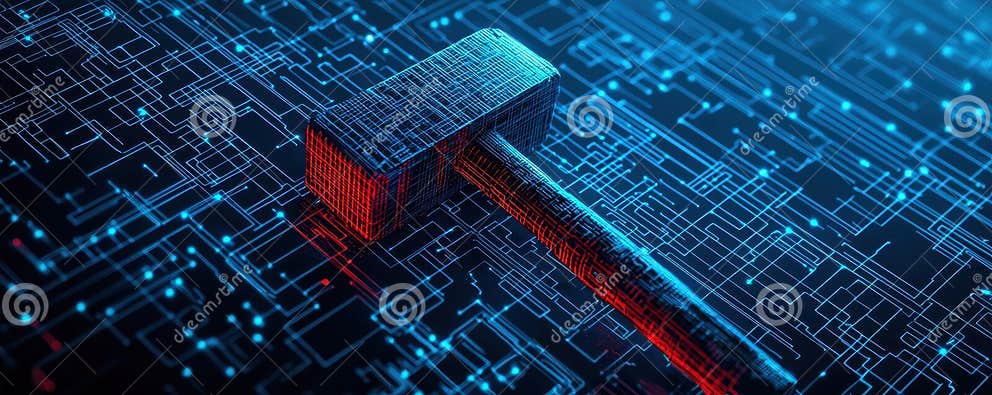 Digital Hammer Cybersecurity Technology Network Code Data Breach Innovation Future Grid Circuit ...