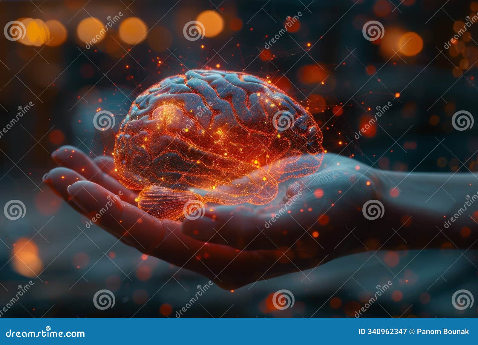 A Digital Hand Holding a Human Brain, Its Neurons Intertwined with Data ...