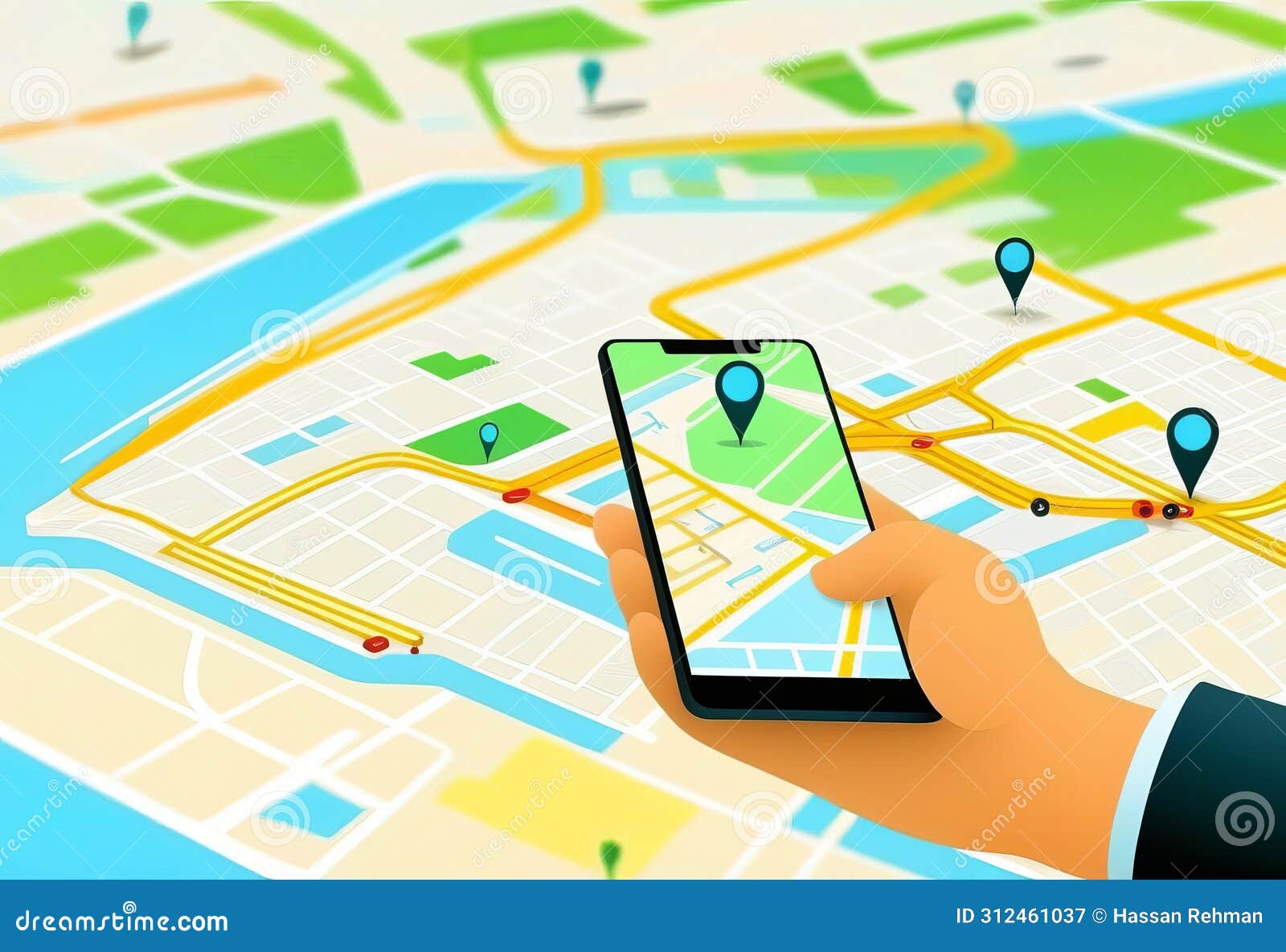 Digital Hand Set Location on Map with Two Pins. AI Technology in GPs ...