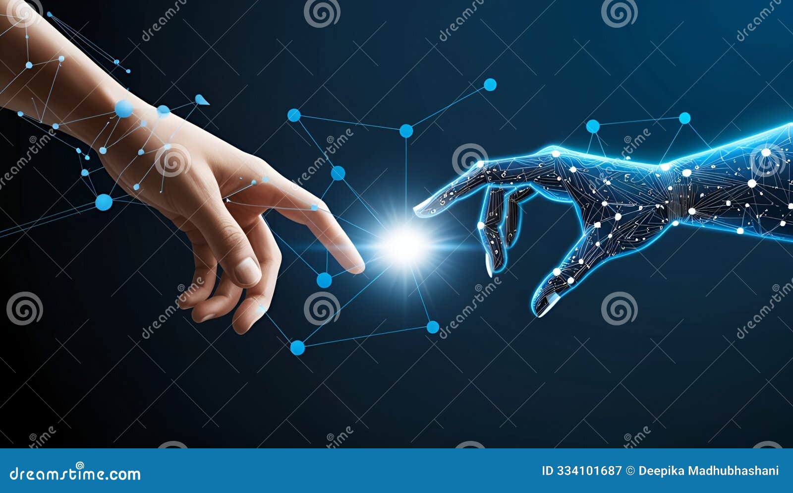 Human Hand Touching Digital Hand, Digital and Technological Blue ...