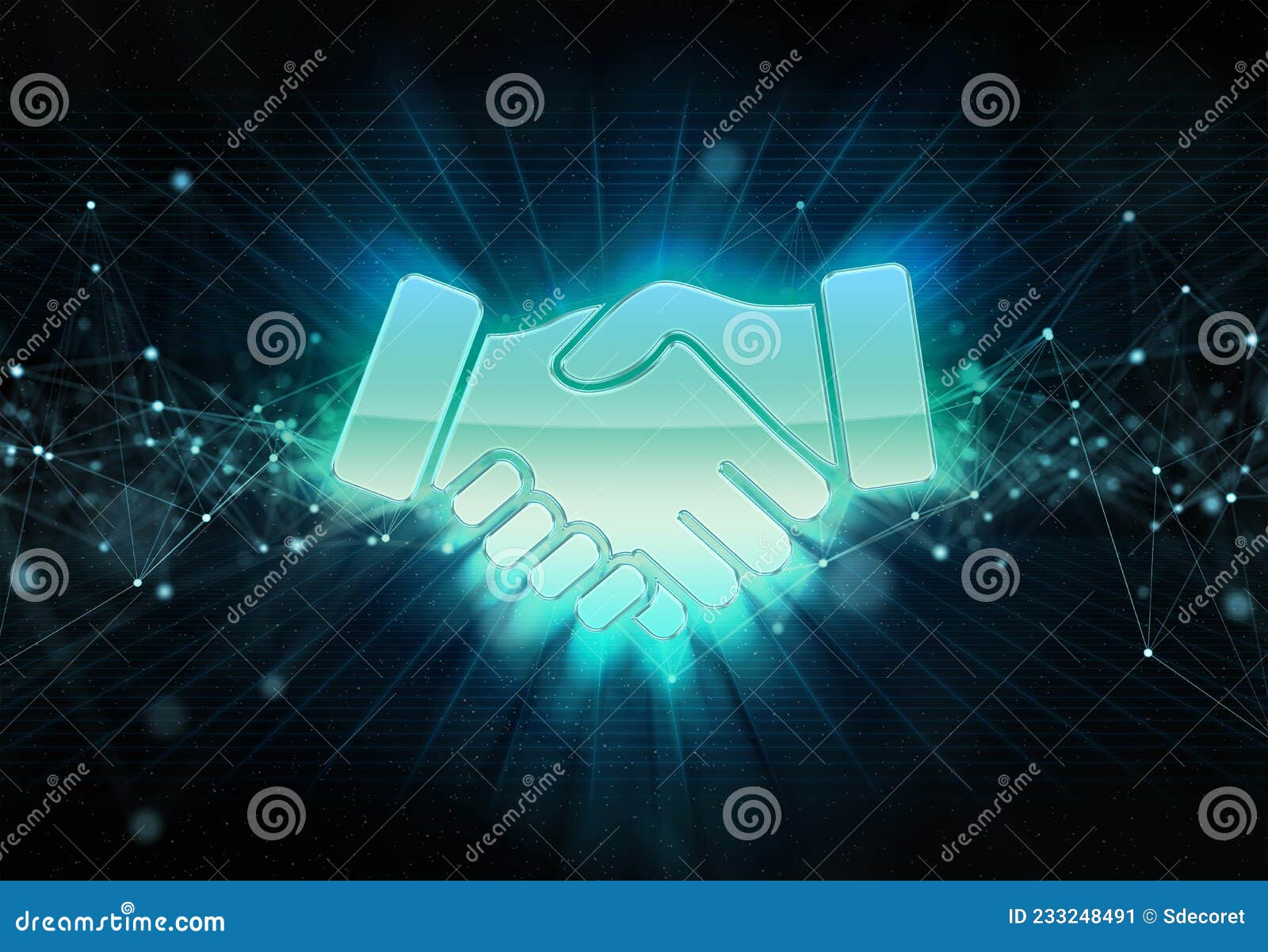 Digital Handshake Holographic Icon Bursting into Blue and Green Neon ...