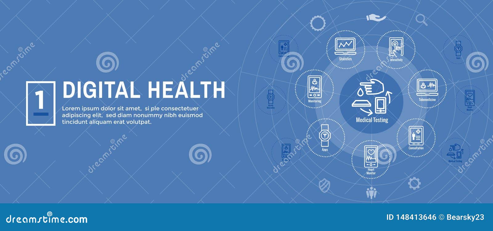 Digital Health Icon Set with Wearable Technology Web Header Banner ...
