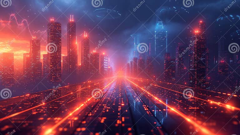 A Digital Highway Lined with Data Servers and Cloud Computing Symbols ...