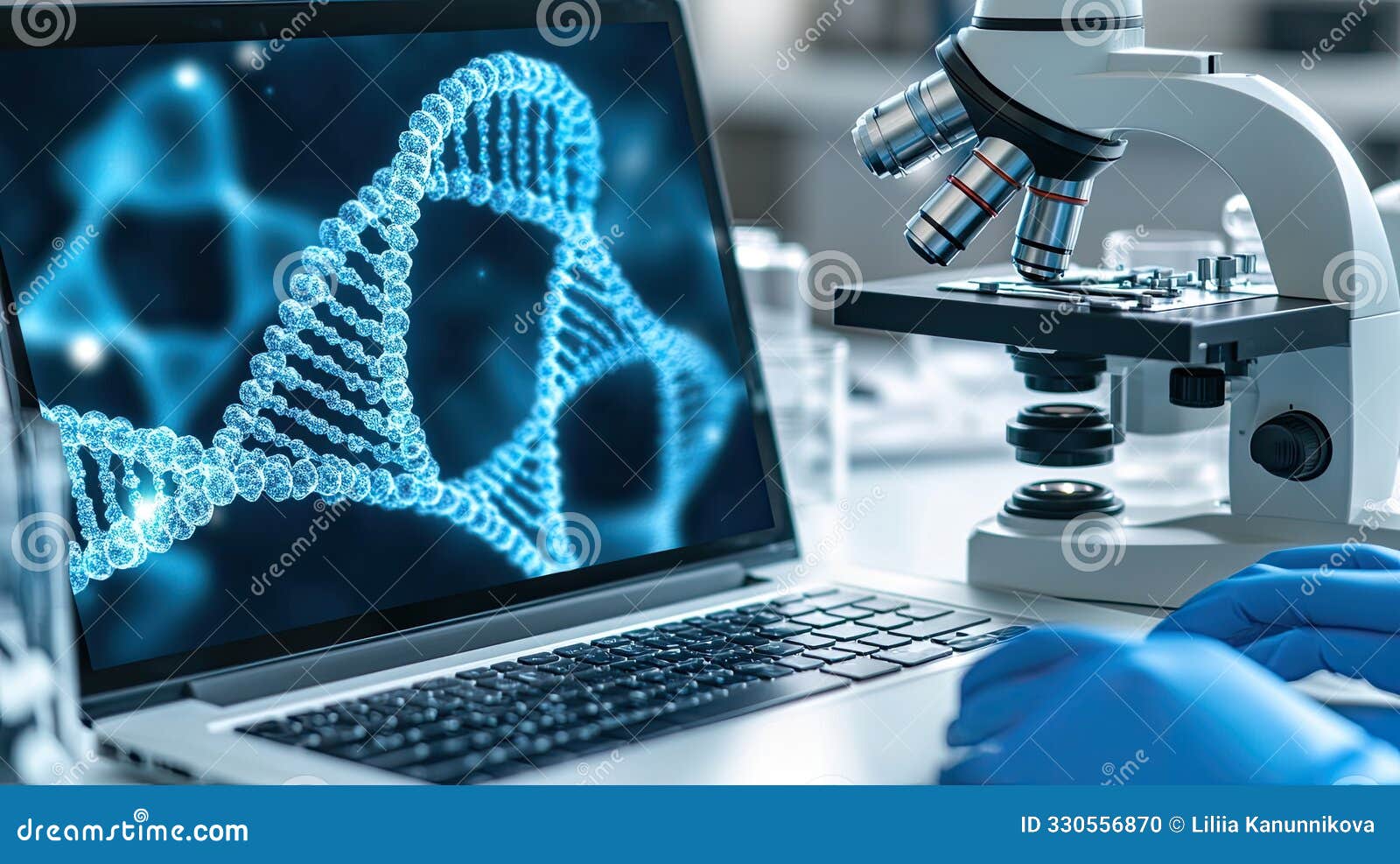 A Digital Hologram of DNA Appears on a Laptop while Scientists in Blue ...