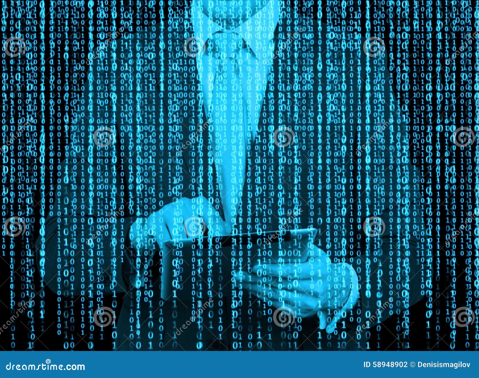 Digital Hologram in a Matrix Style. a Man with Tablet is Browsing Data ...