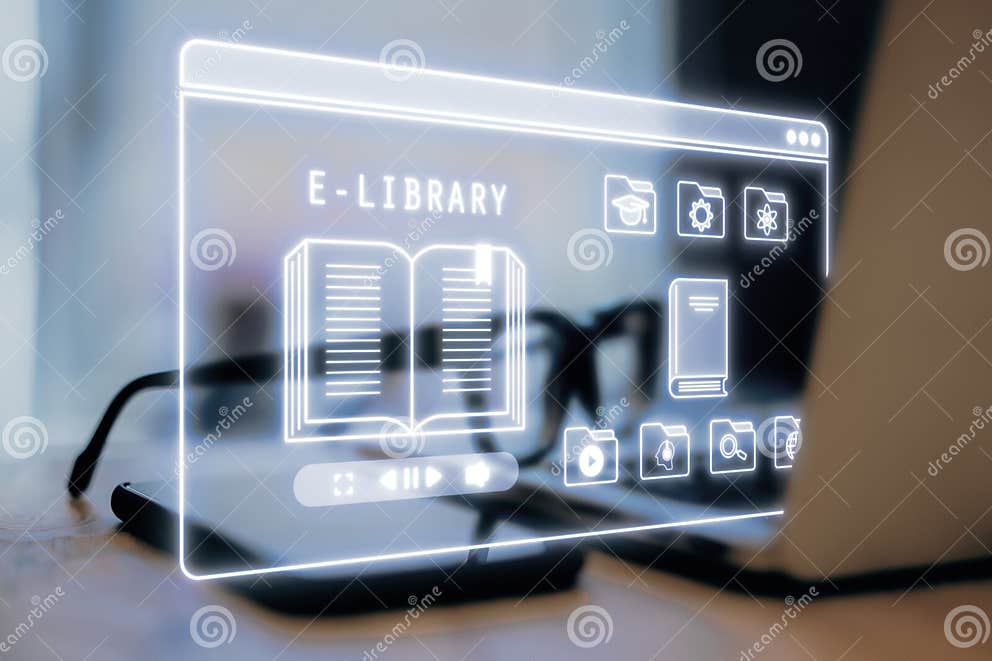 Digital Holographic E-library Interface on Laptop Screen in Modern ...