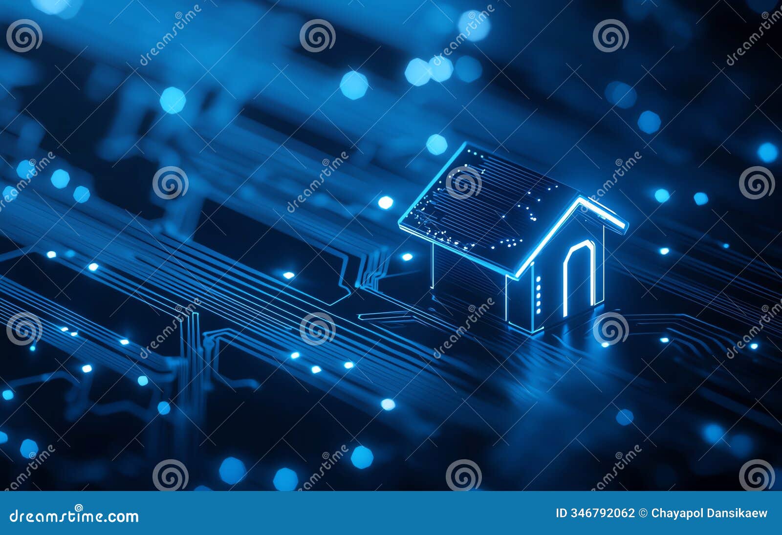 Digital House Icon on Circuit Board Blue Light Effect Abstract ...