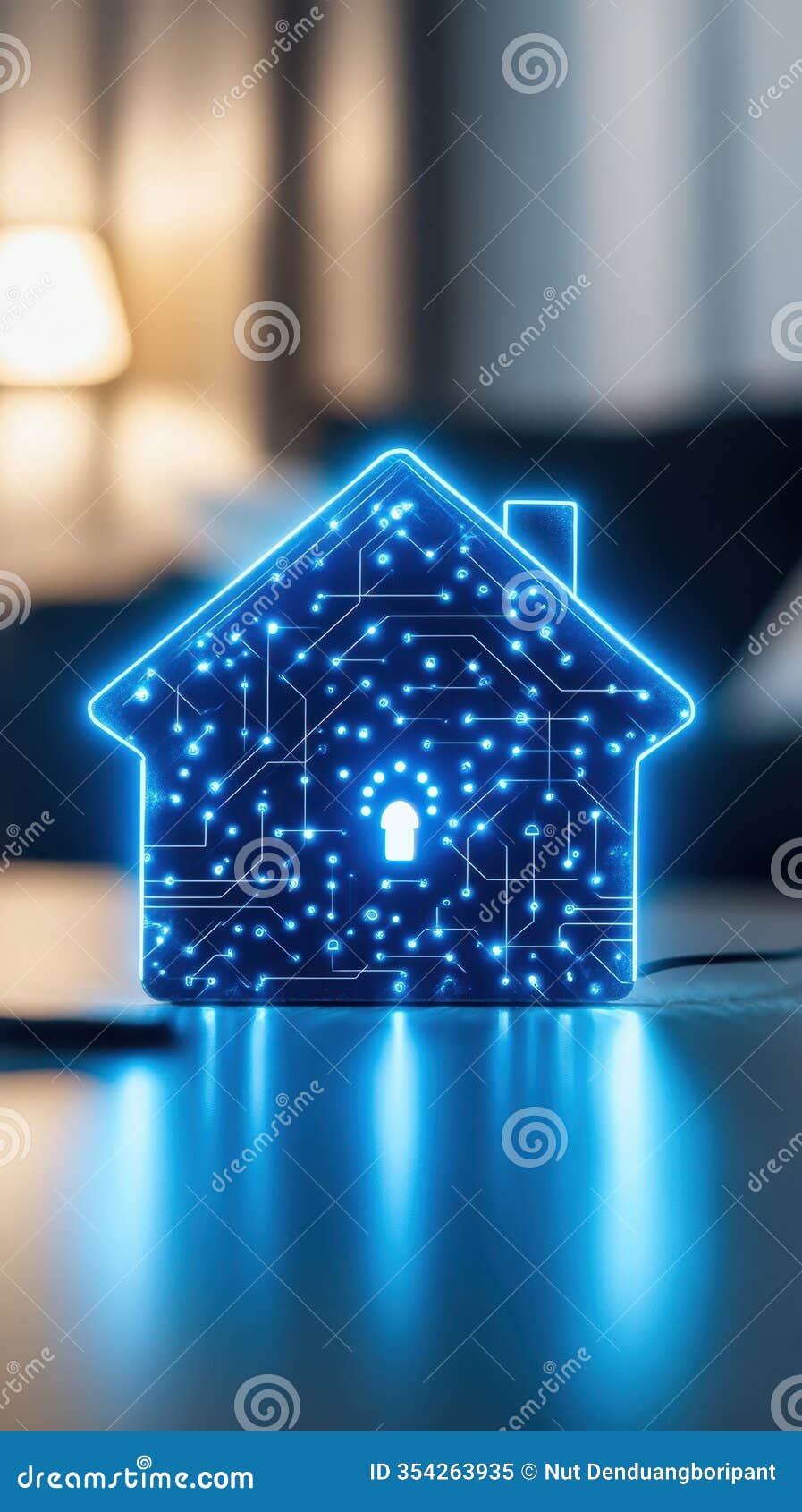 Digital House Icon with Glowing Circuits and Lock Symbol Stock ...