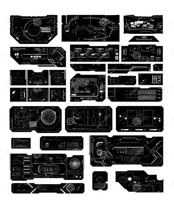Digital Hud Interfaces Black Ink Vector Set. Dashboards Ui Geometrical ...