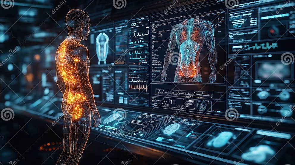 Digital Human Body Model in Front of Tech Interface. Medical Interface ...