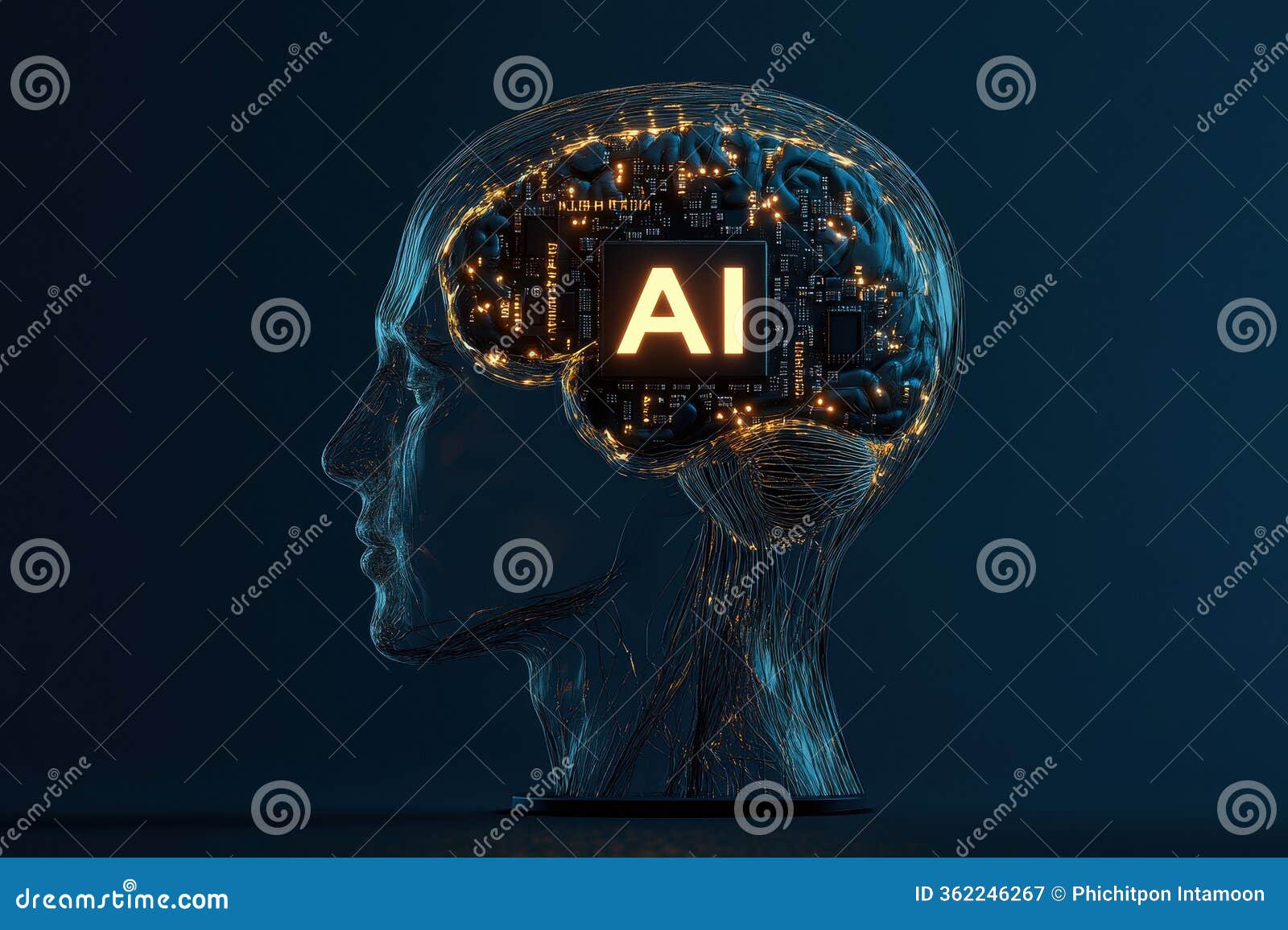 Digital Human Brain with Glowing Neural Network and AI Text, Symbolizing Artificial Intelligence ...