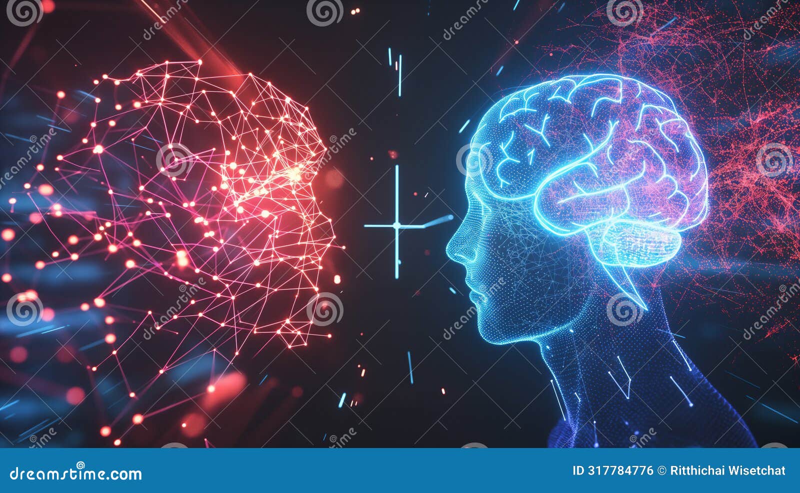Digital Human Brain And Network Face-off, Glowing Red And Blue ...