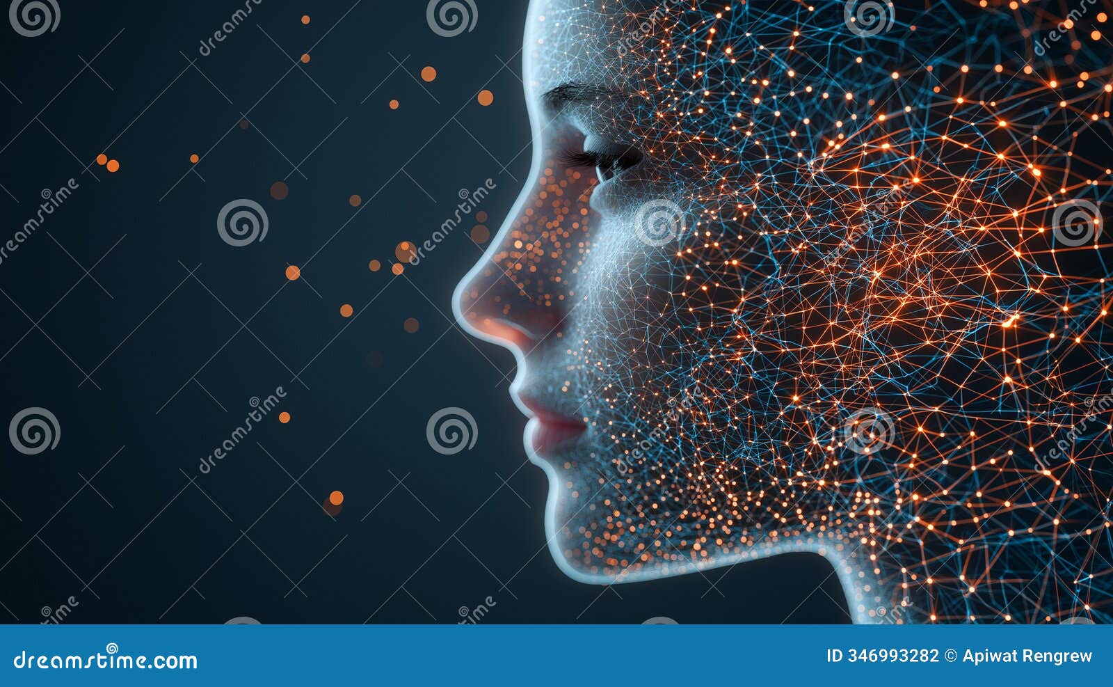 Digital Human Face Composed of Interconnected Glowing Lines and Nodes Symbolizing Artificial ...