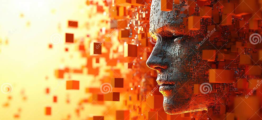 Digital Human Face Emerging from Fragmented Cubes, Showcasing Advanced Technology and Artificial ...