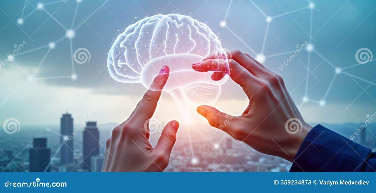 Digital Human Hand with Polygonal Shape Touches Transparent Brain Icon ...