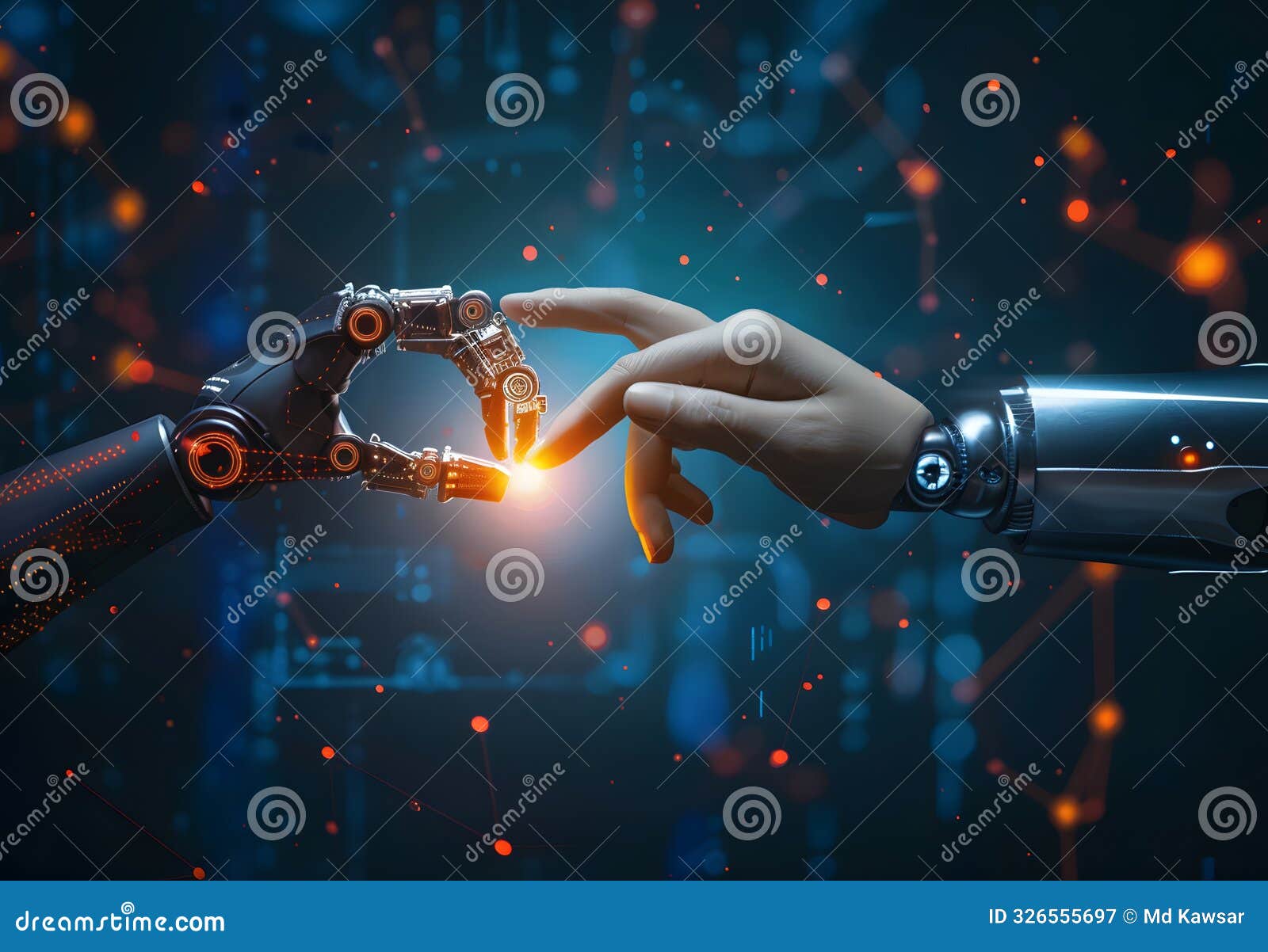 Human Hand Touching AI Robotic Arm Futuristic Background Stock ...