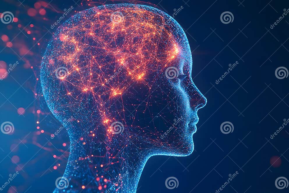 Digital Human Head with Neural Connections and Glowing Network Patterns ...