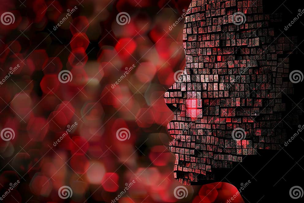 Digital Identity, Profile of a Human Head Composed of Pixels on a Red ...