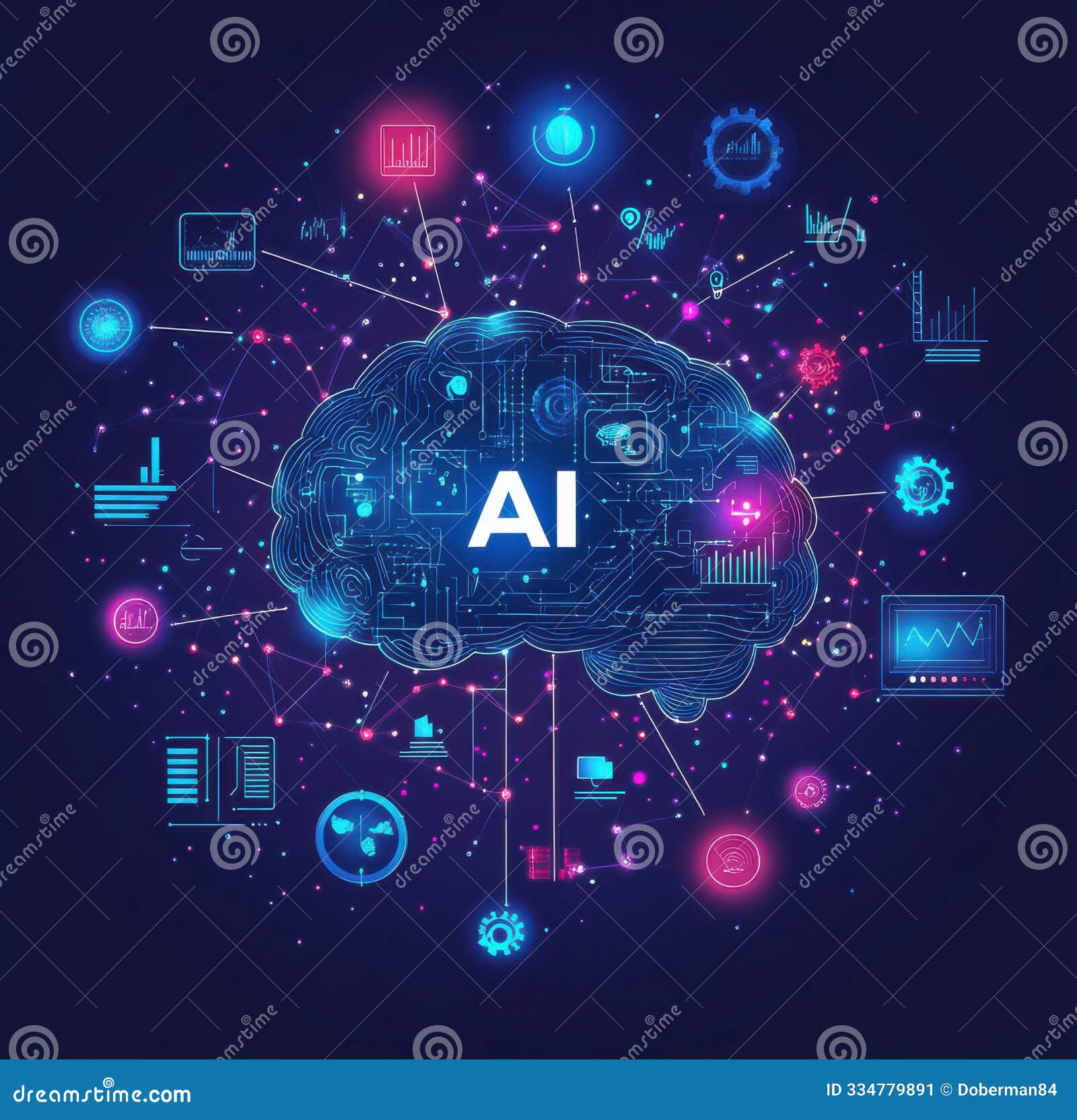 Digital Illustration of an AI Brain Surrounded by Technology Icons and ...