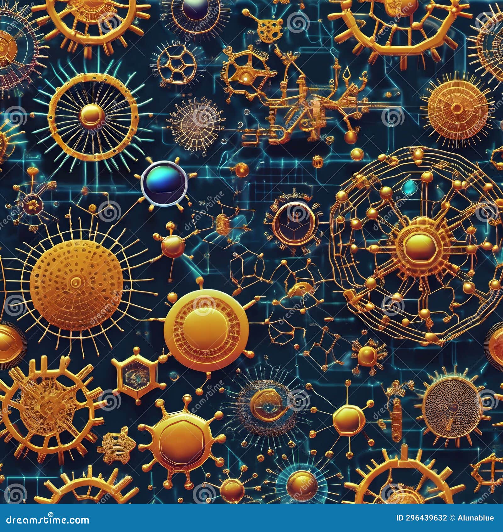 A Gold and Blue Background with Many Circular Quantum Objects. Stock ...