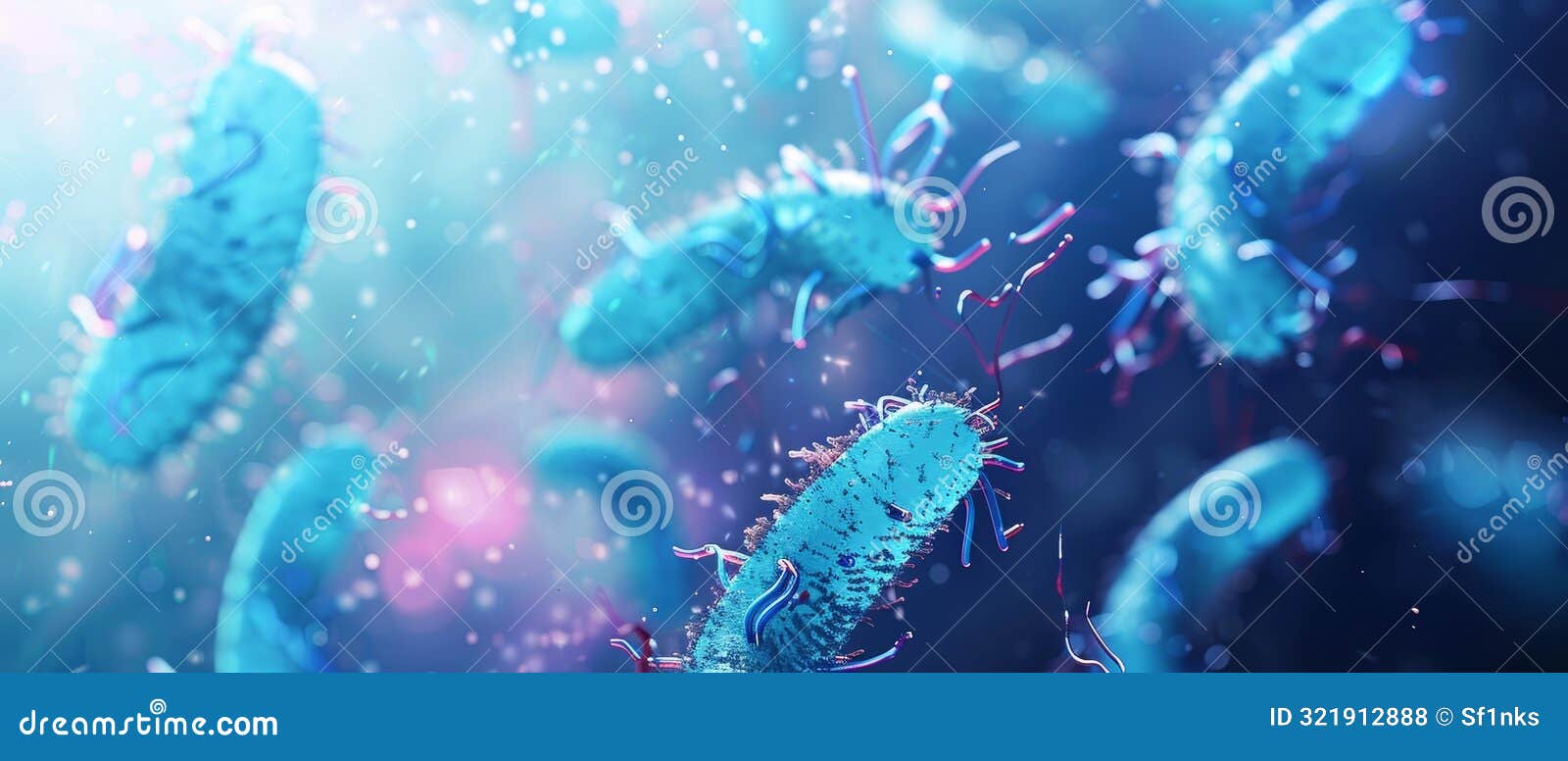 Digital Illustration of Blue Bacteria with Flagella in a Microscopic ...