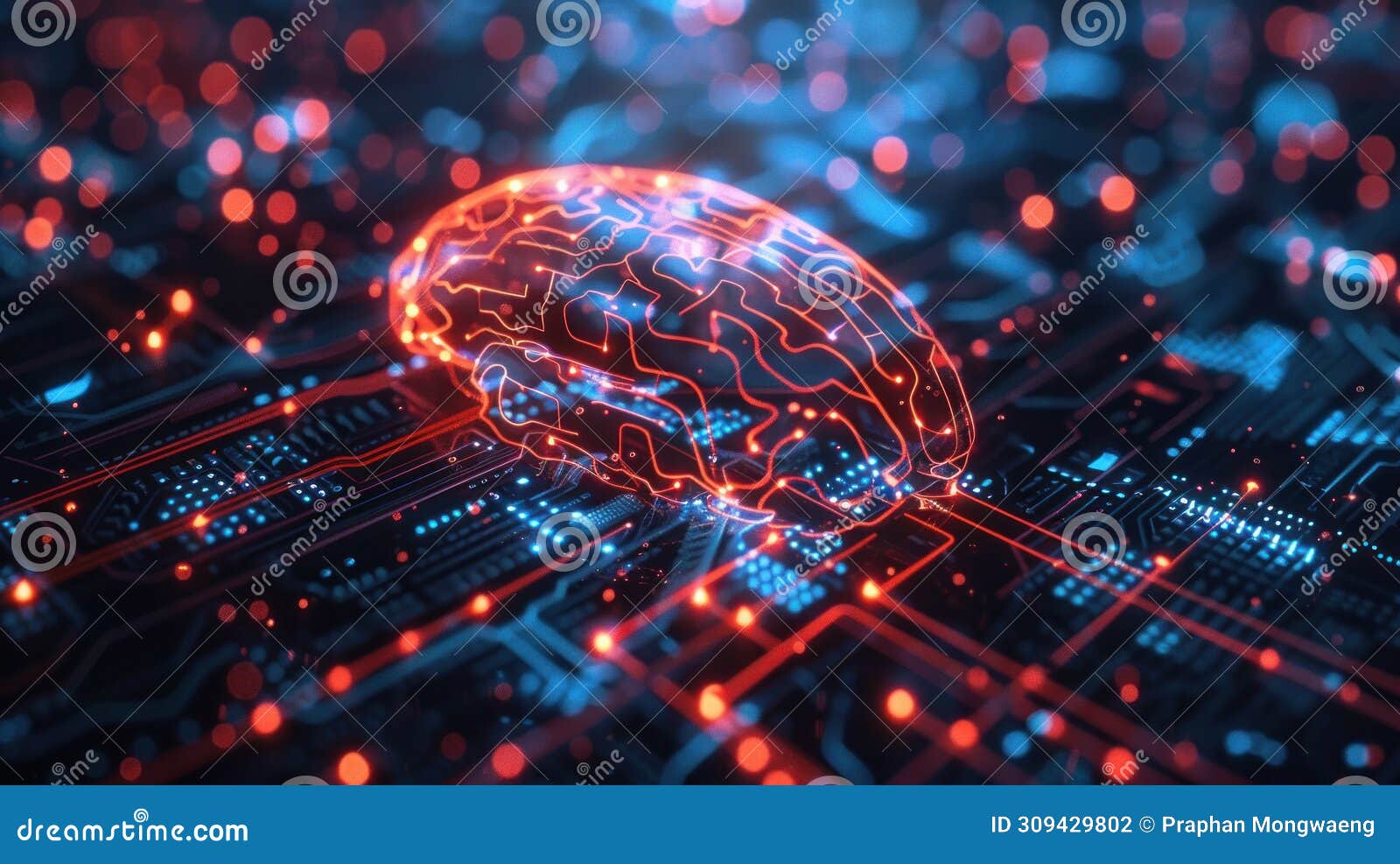 Digital Illustration of a Brain-shaped Network on an Electronic Circuit ...