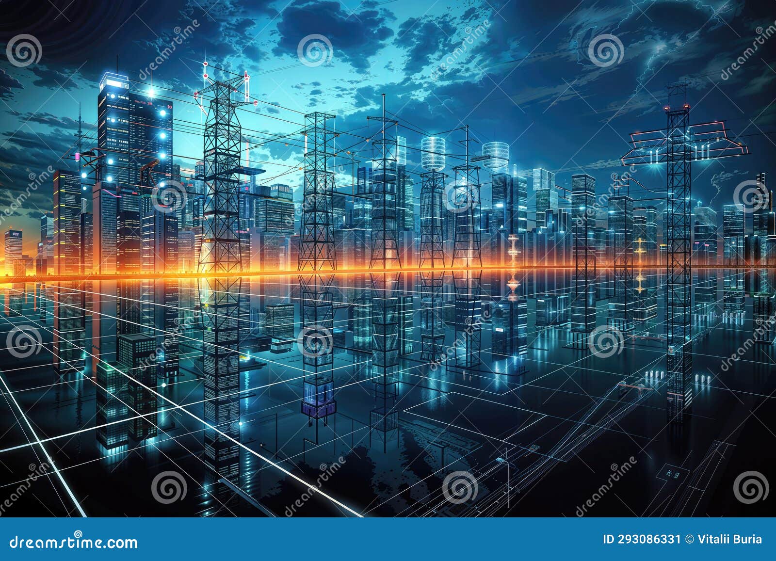 Digital Illustration of a City Glowing with Electricity at Night ...