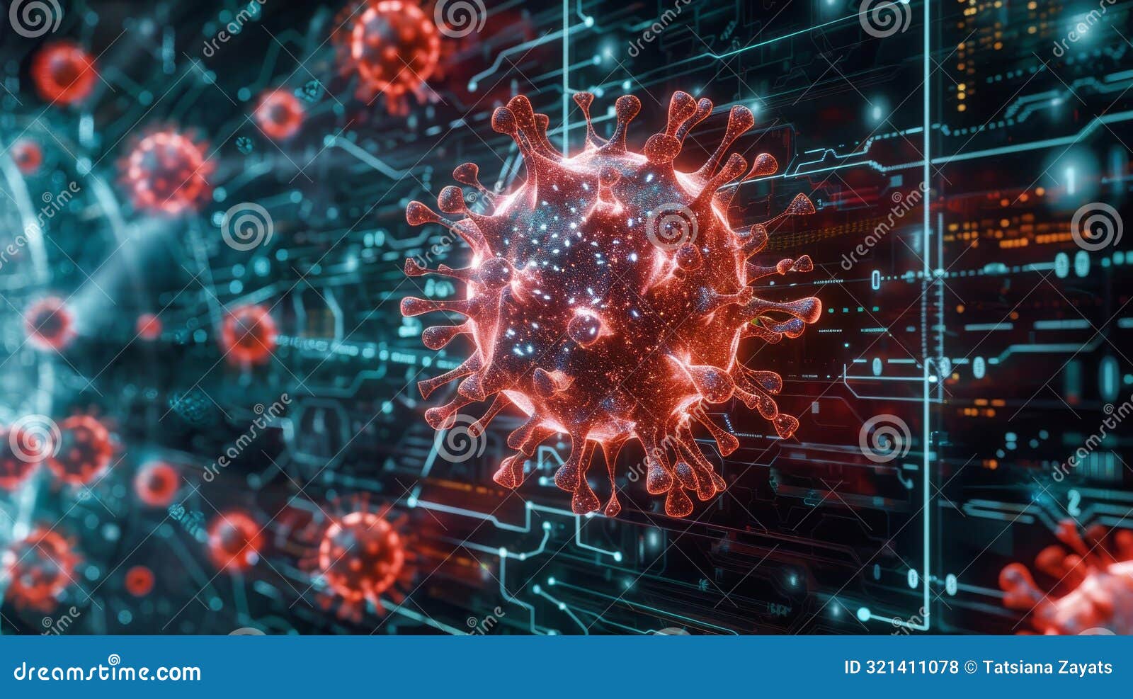 Computer Virus in Red with Circuit Board Background. Cybersecurity ...