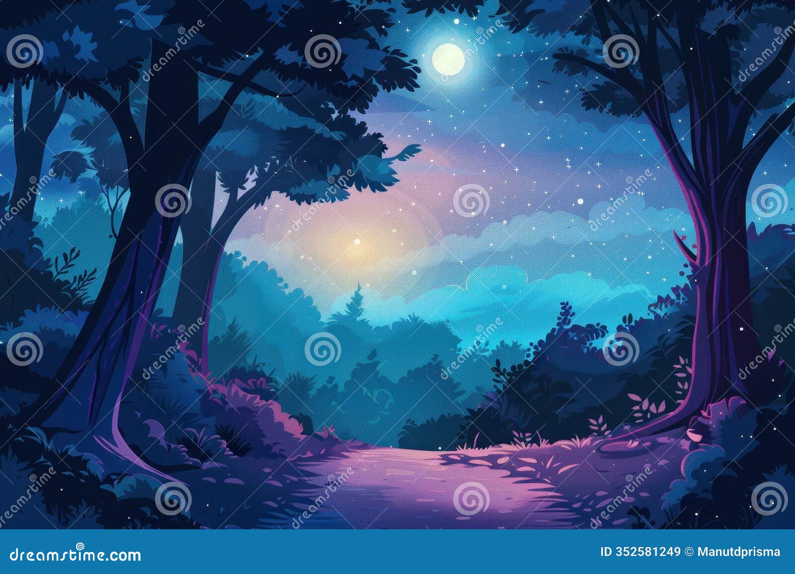 A Path through a Dark Forest Illuminated by Moonlight and a Starry ...