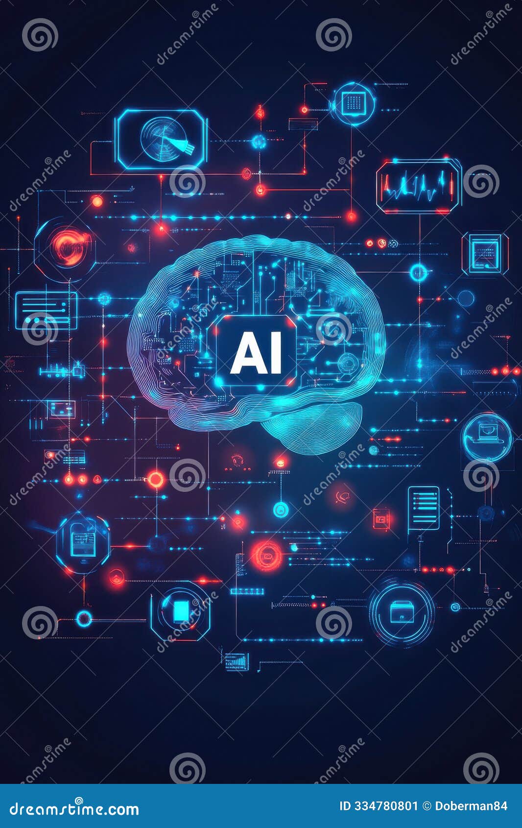 Digital Illustration of an AI Brain Surrounded by Data Elements ...