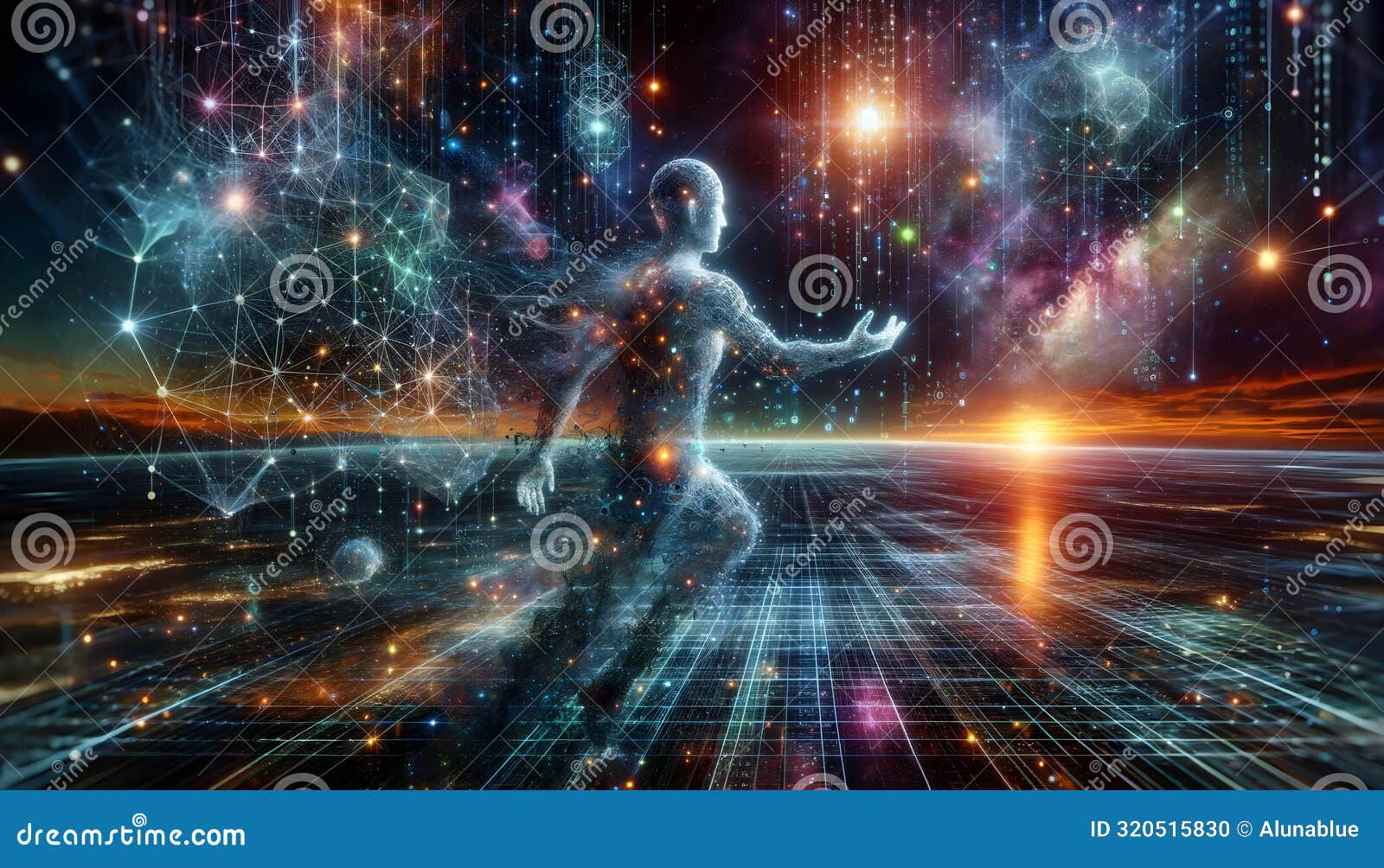 Humanoid Figure Running in Cyber-Cosmic Landscape at Sunset Stock Photo ...
