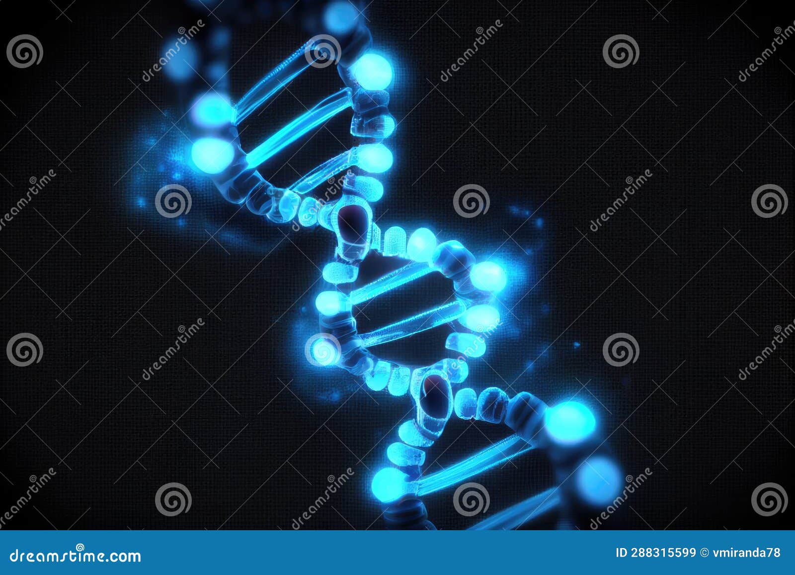 Digital Illustration DNA Structure in Blue Light on Black Background ...