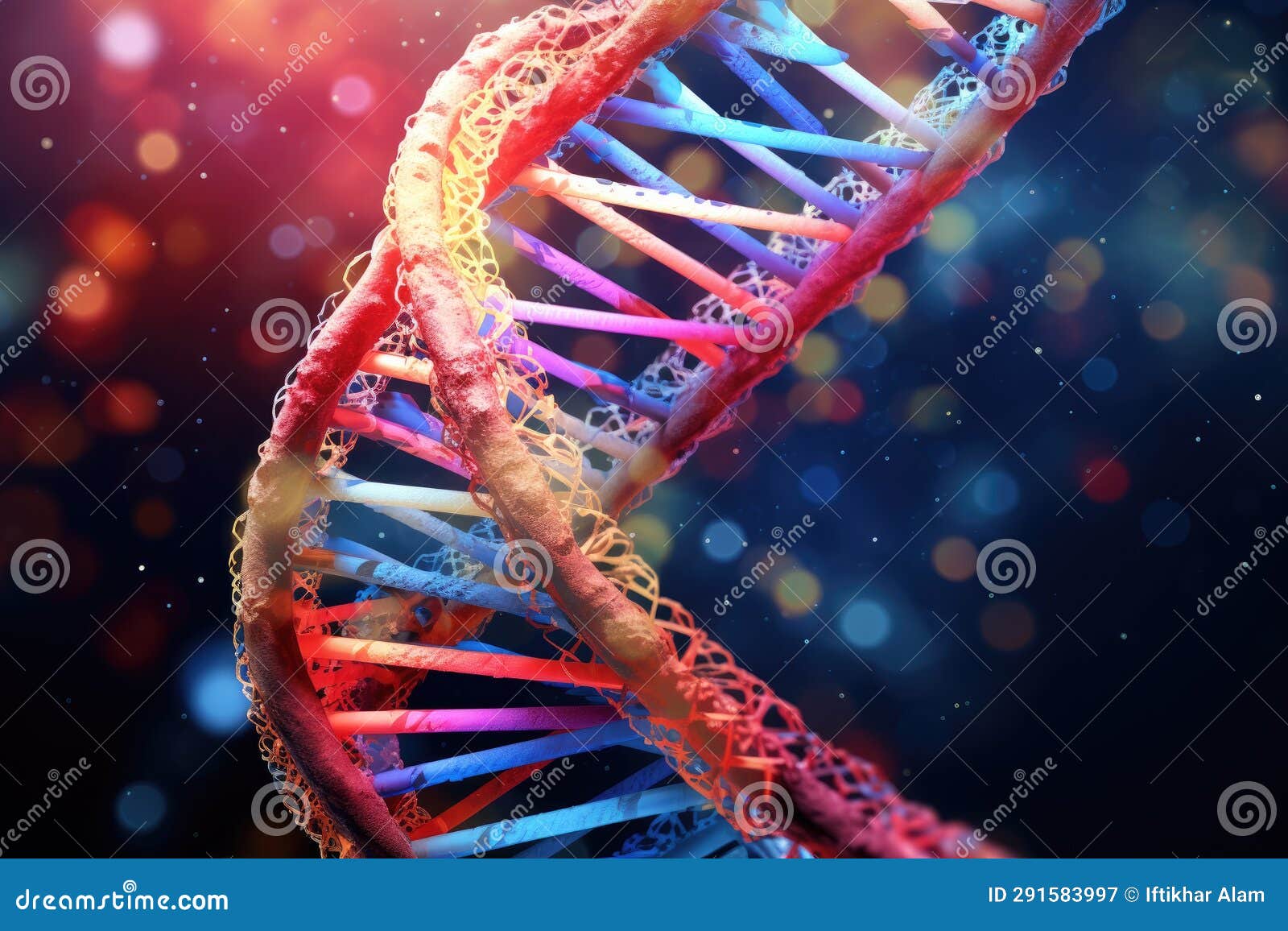 Digital Illustration DNA Structure in Colour Background with Bokeh. 3D ...