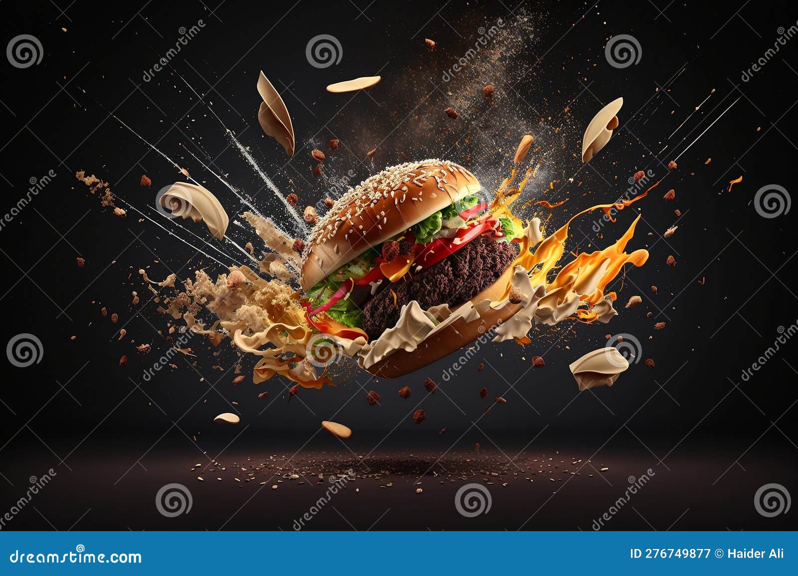 Digital Illustration of Exploding Fast Food on a Dark Background with a ...