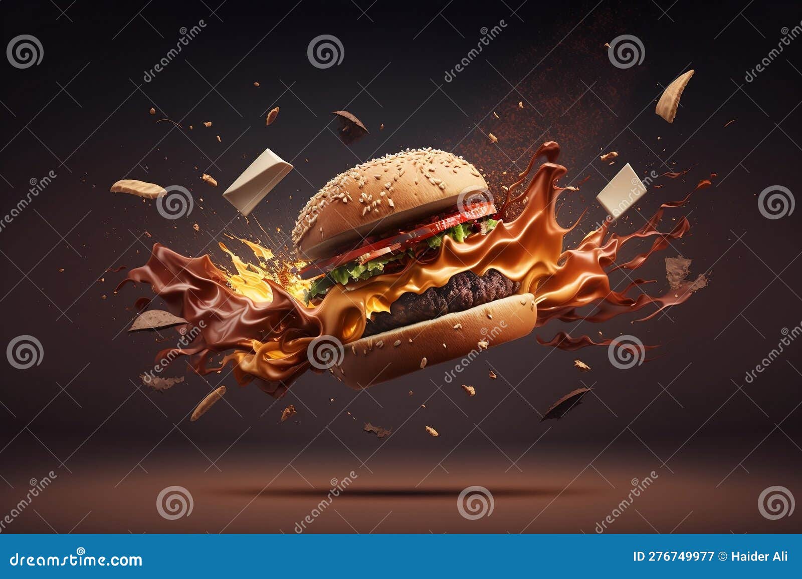 Digital Illustration of Exploding Fast Food on a Dark Background with a ...