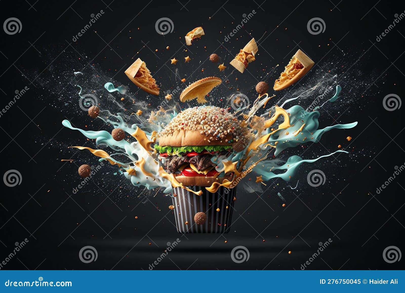 Digital Illustration of Exploding Fast Food on a Dark Background with a ...
