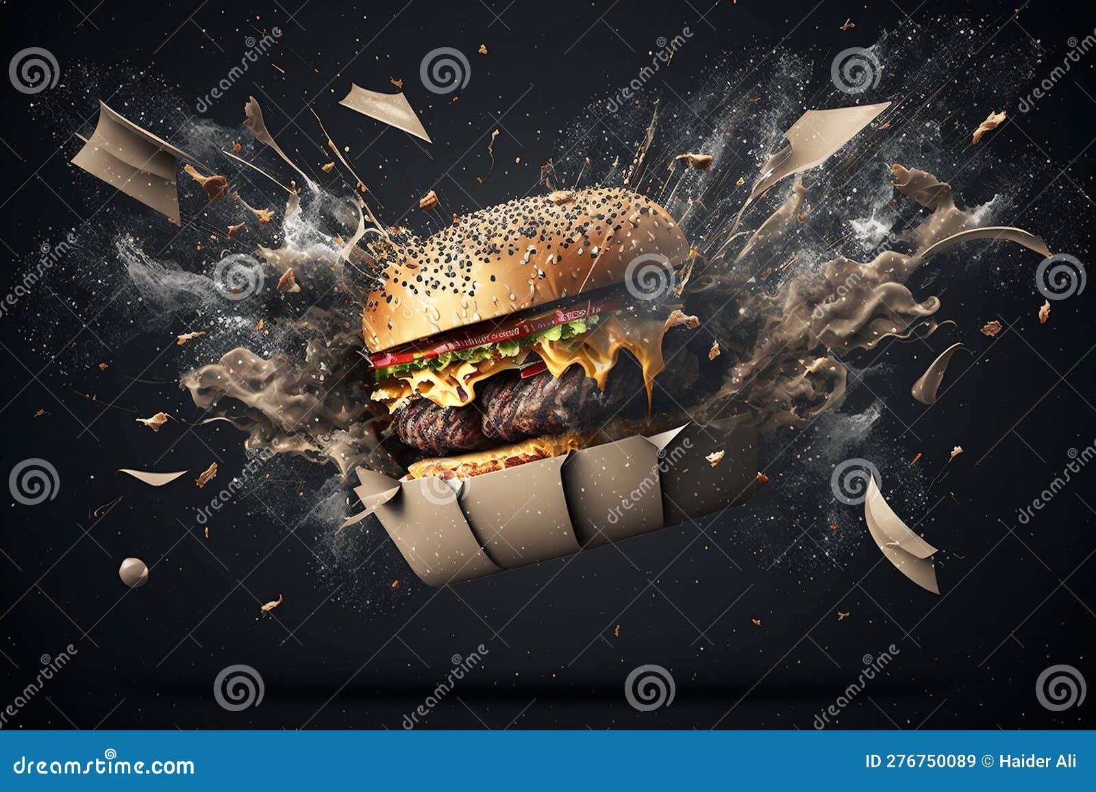 Digital Illustration of Exploding Fast Food on a Dark Background with a ...