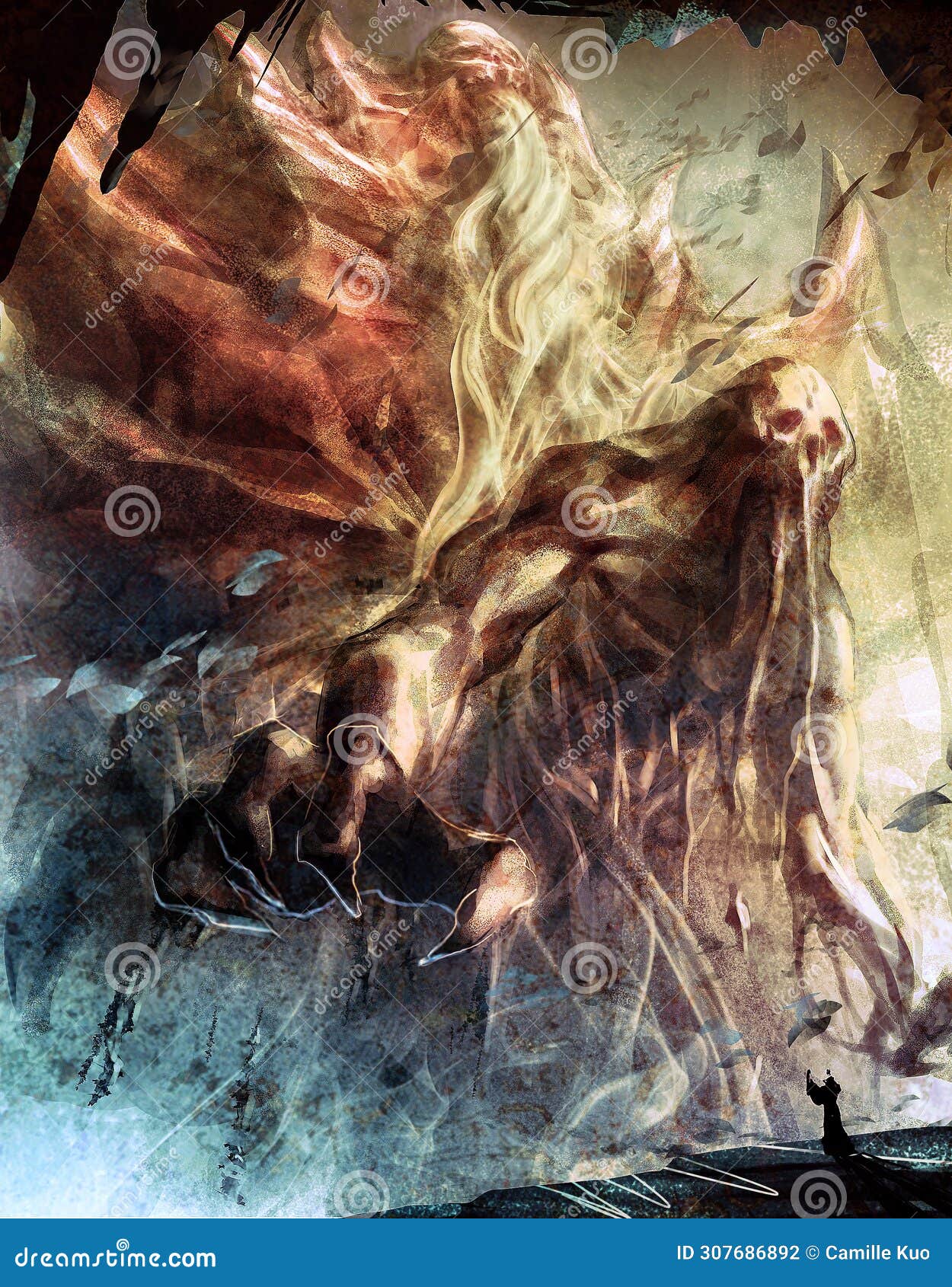 Digital Illustration Of Fantasy Scene Of Warlock Summoning Huge Monster ...