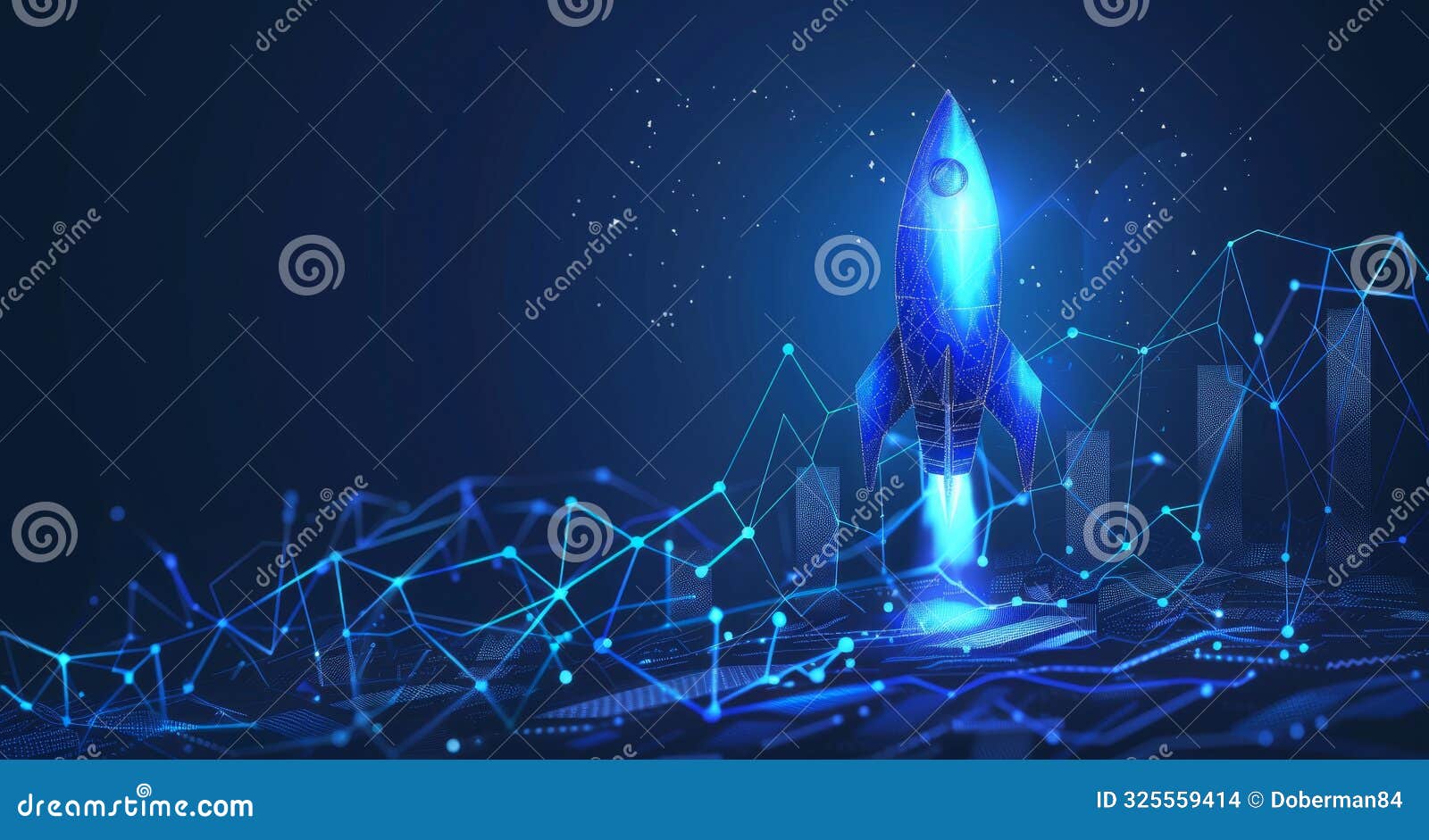 Digital Illustration of a Rocket Launching with Futuristic Graphs and ...