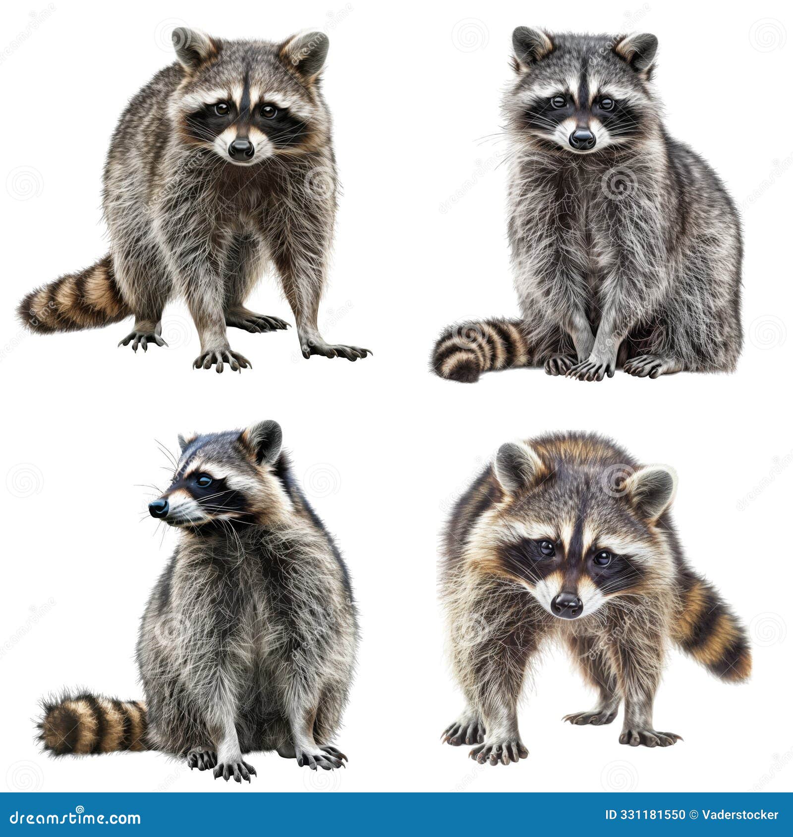 A Digital Illustration of Four Raccoons in Different Poses Stock ...