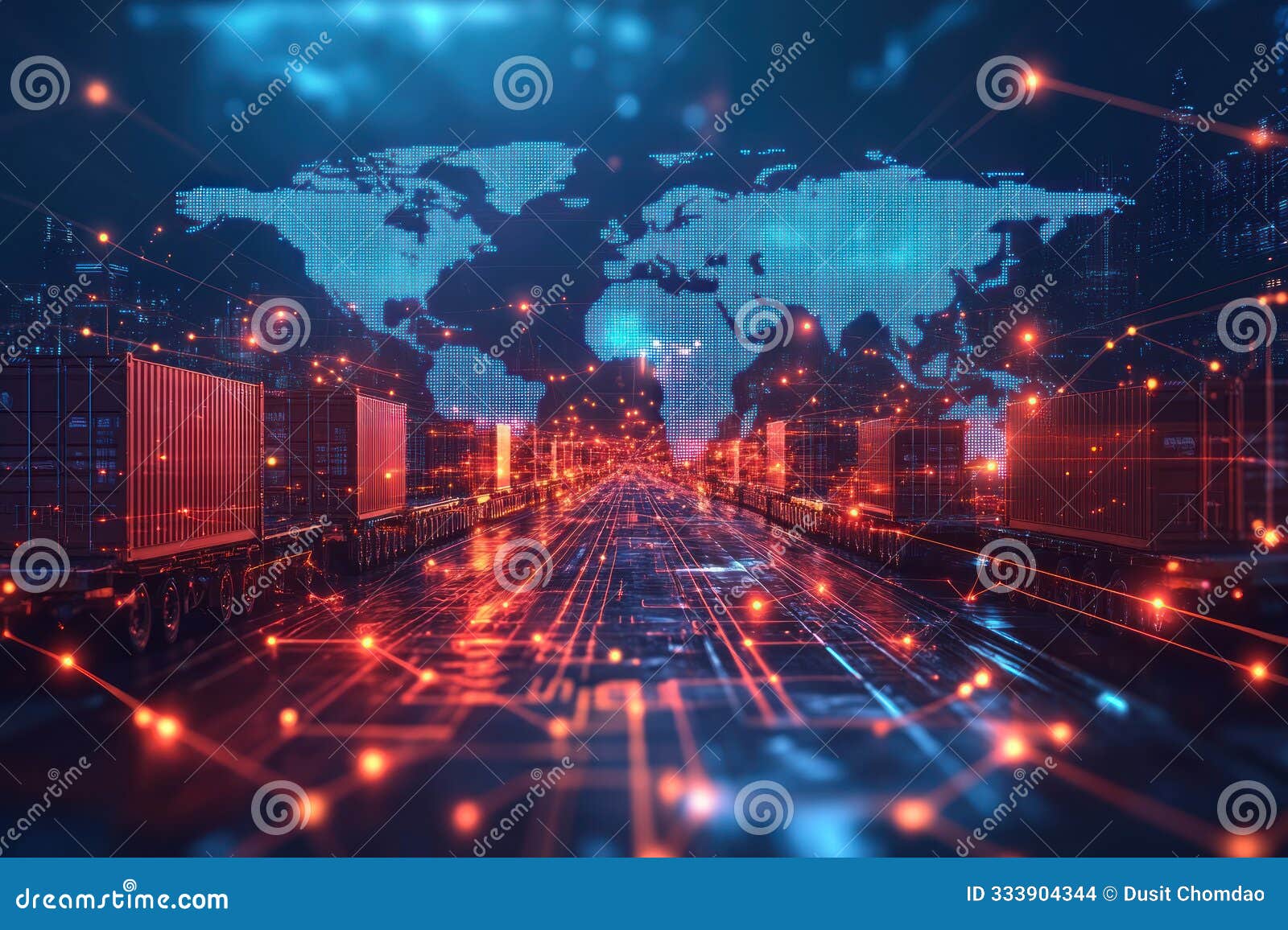 Digital Illustration of Global Map with Shipping Containers and Network ...
